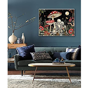 Mushroom Stamped Cross Stitch Kits, Skeleton Trippy Flower Plant Cross Stitch Ornament Kits for Adults Beginners,Hippie Cool Nature Moon Star Cross-Stitch Stamped Kits for Home Wall Decor 12x16 inch