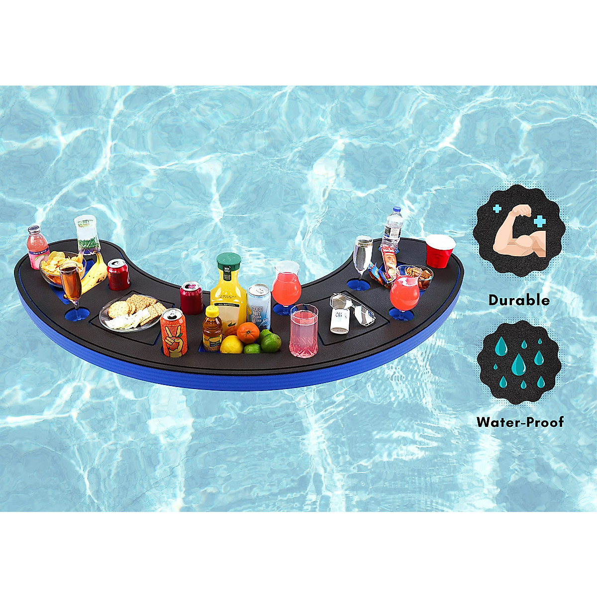 Polar Whale Giant Blue and Black Floating Bar Table Tray Bartender Drink Holder for Pool or Beach Party Float Lounge Refreshment Durable UV Resistant Foam 15 Compartment with Cup Holders 5 Feet Long