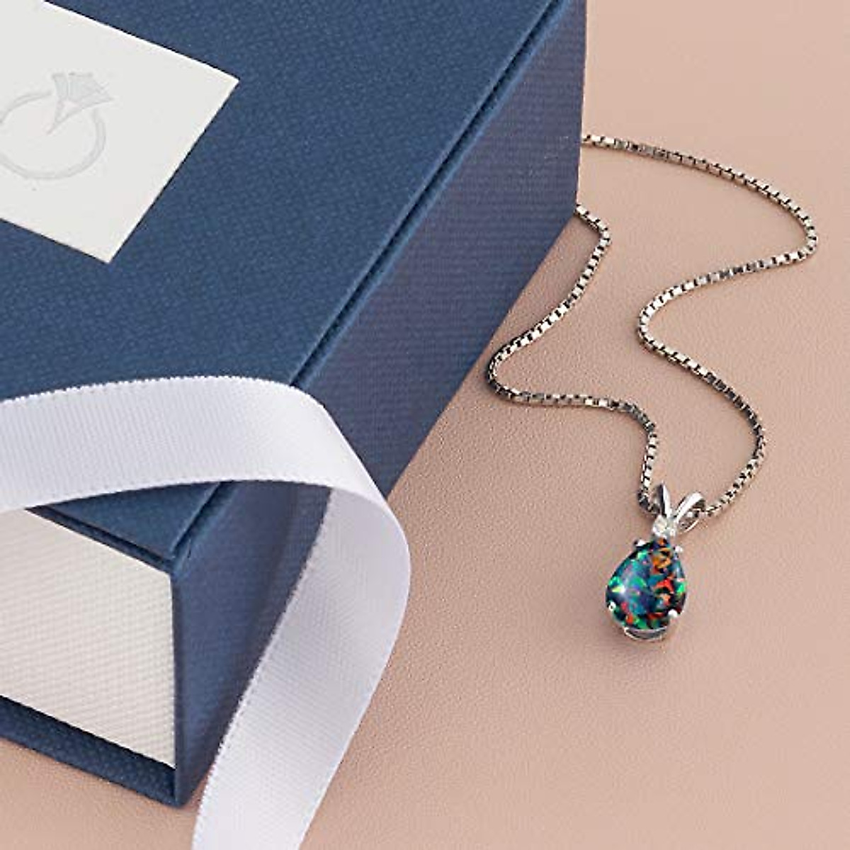 PEORA 14K White Gold Created Black Opal with Genuine Diamond Pendant for Women, Elegant Teardrop Solitaire, Pear Shape, 10x7mm, 1 Carat total
