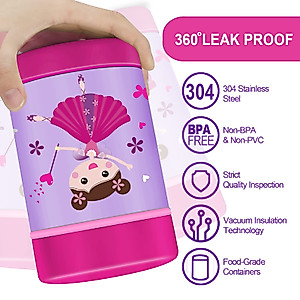 LESONJOY Food Jar Thermos For Hot Food Kids, 16 oz Leak Proof Bento Lunch Box with Insulated Lunch Bag & Spoon, Vacuum Stainless Steel Lunch Containers for Hot & Cold Food, Pink