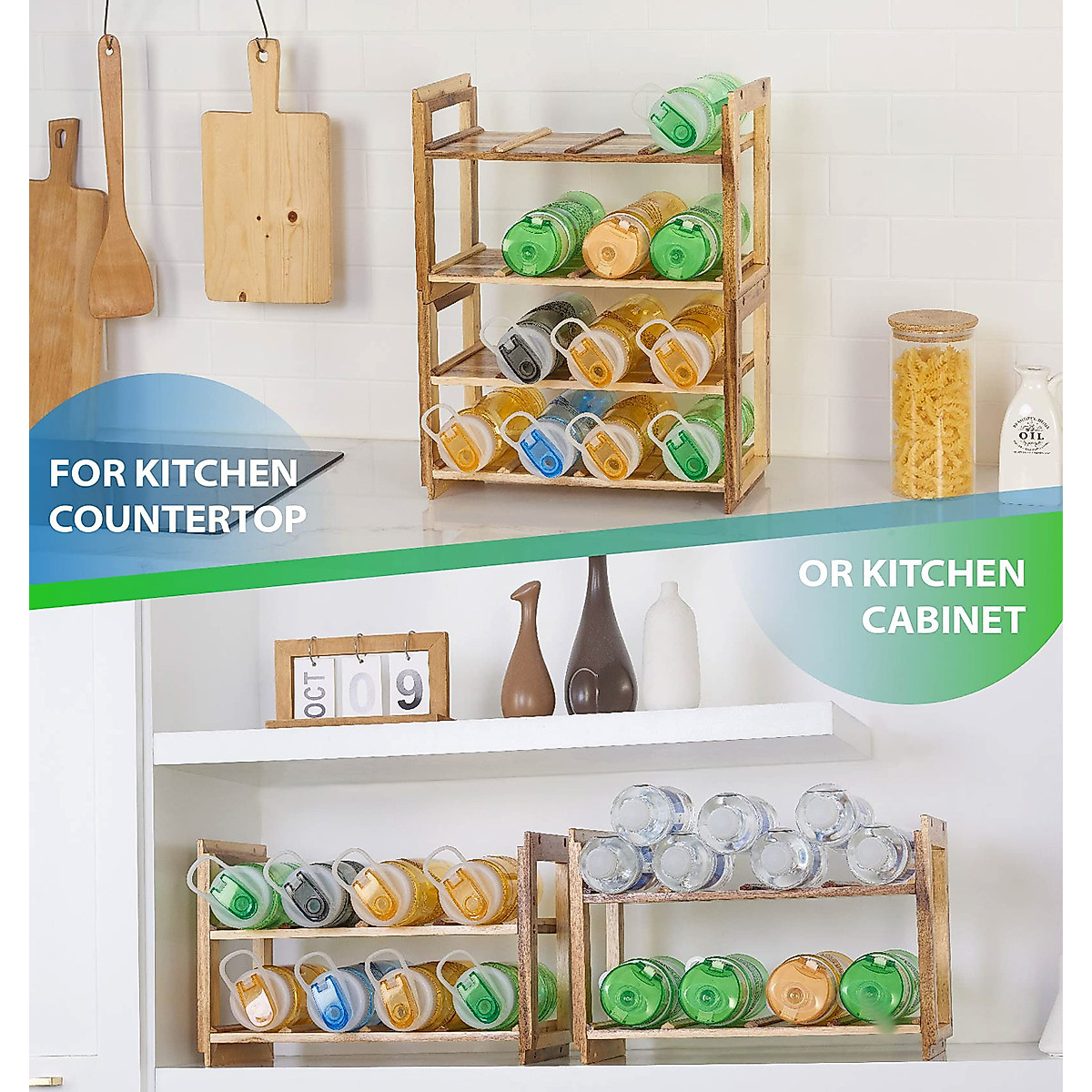 Water Bottle Organizer, 4 Tiered Freestanding Water Bottle Holder, Natural Wood Water Bottle Storage Rack, Freestanding Water Bottle Holder Rack for Kitchen Countertops, Holds 16 Bottles