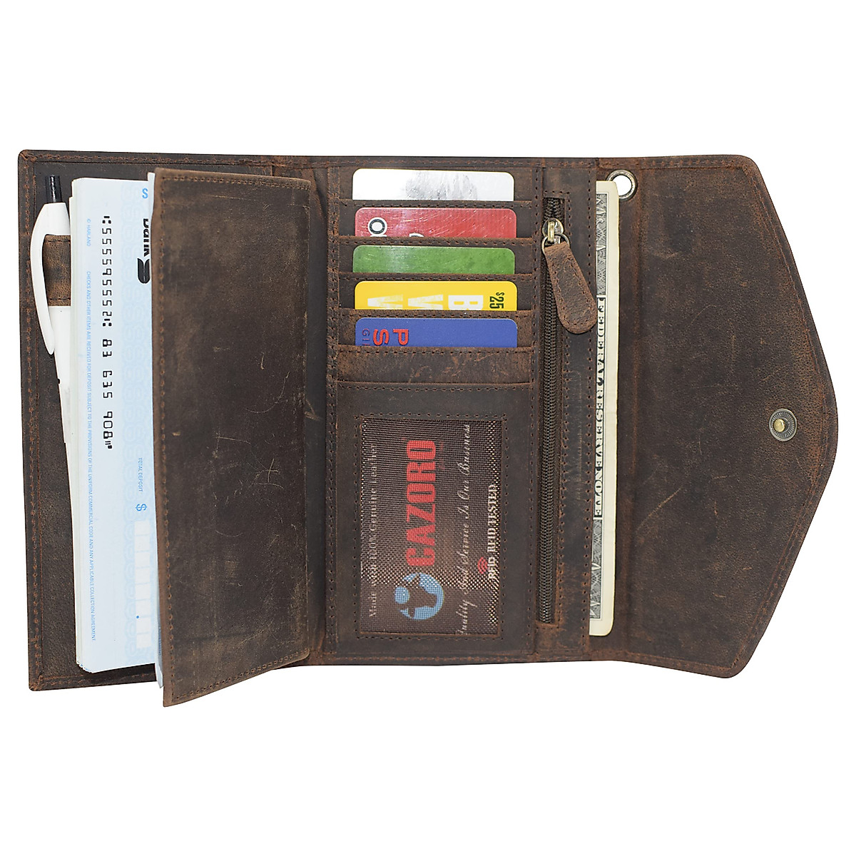 RFID Blocking Vintage Leather Women's Slim Flap Wallet Clutch Organizer (Brown)