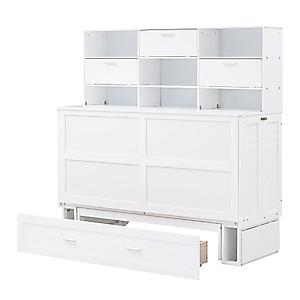 P PURLOVE Queen Murphy Bed Cabinet with Bookcase, Bedside Shelves and a Big Drawer,Solid Wood Level Folding Multipurpose Murphy Bed for Apartment/Living Room