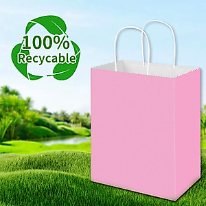 Toovip 100 Pack 8x4.75x10 Inch Medium Light Pink Kraft Paper Bags with Handles Bulk, Gift Wrap Bags for Favors Grocery Retail Party Birthday Shopping Business Goody Craft Merchandise Take Out Bags