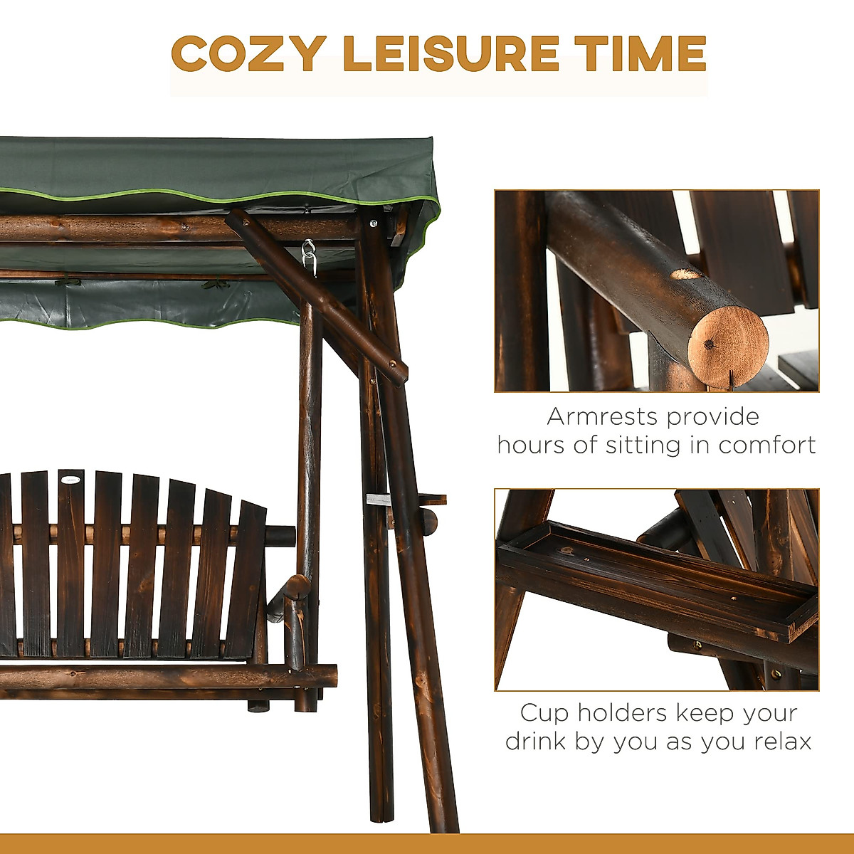 Outsunny 2-Person Patio Swing Chair, Outdoor Hanging Wooden Porch Bench Loveseat w/Adjustable Canopy and Side Trays for Garden, Poolside, Backyard