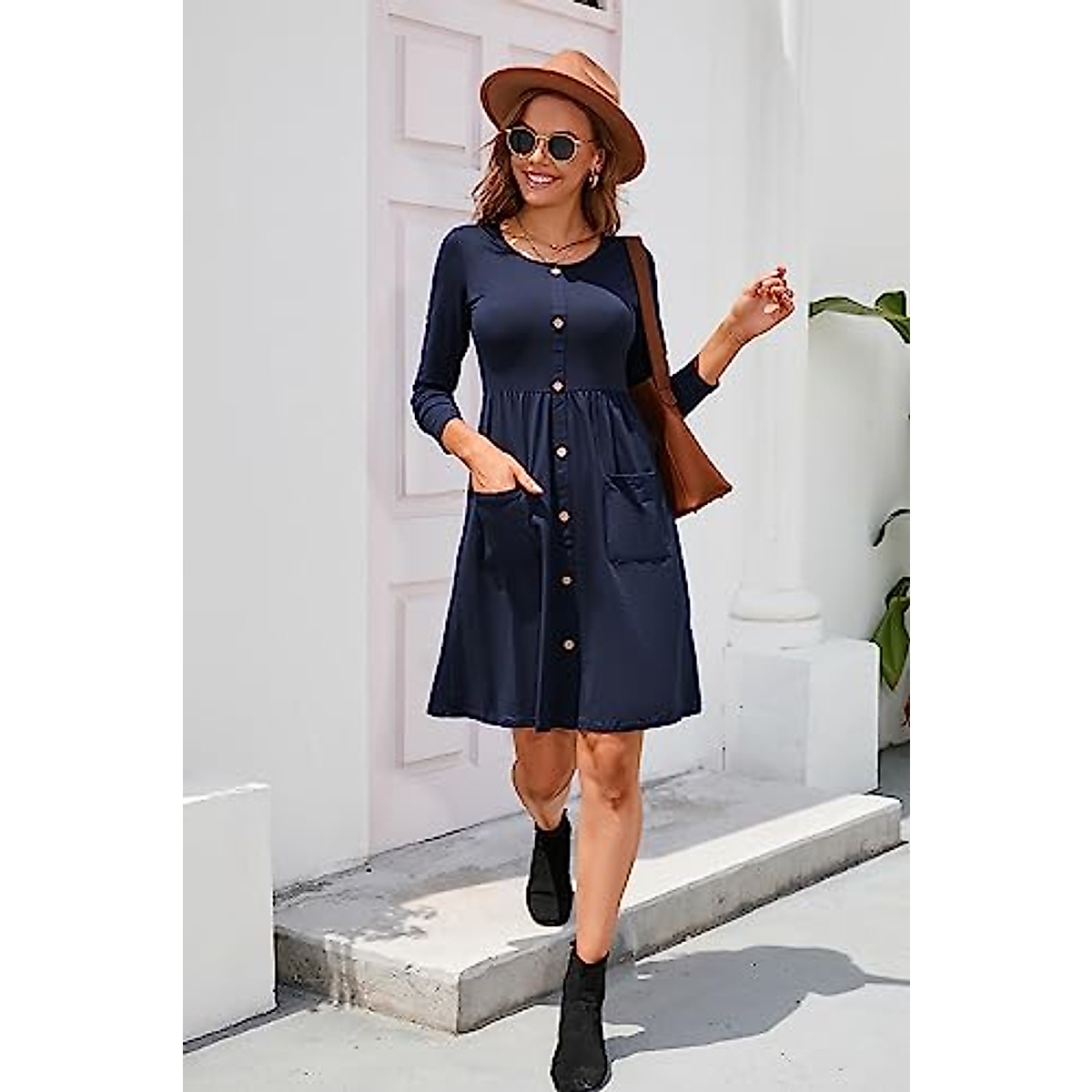 OUGES Womens Fall Long Sleeve Midi Dresses Button Down V Neck Skater Dress with Pockets 2023(Navy,XL)
