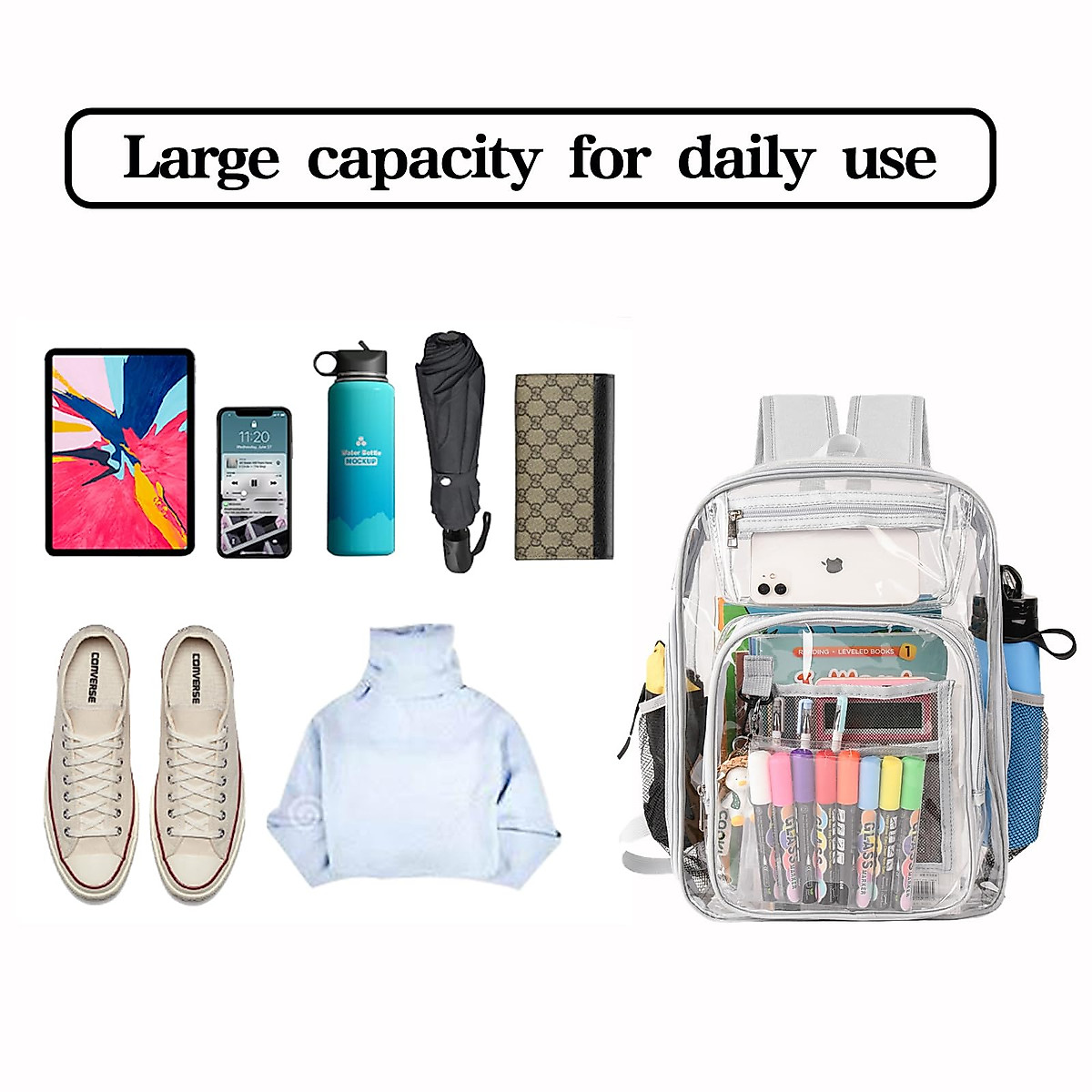 Birity Clear Backpack Heavy Duty,Large PVC Transparent Backpack,See Through Book Bag,Transparent Backpack For Teenager and Adults,Clear Bookbag for School,Sports,Work,Travel, College