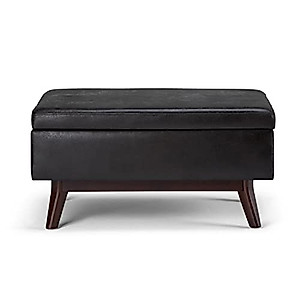 SIMPLIHOME Owen 34 Inch Wide Mid Century Modern Rectangle Coffee Table Lift Top Storage Ottoman in Upholstered Distressed Black Faux Leather, For the Living Room