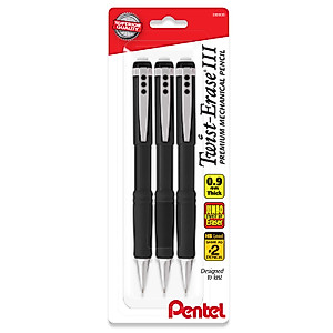 Pentel Mechanical Pencil 0.9 mm Twist Erase III - Twist Up Eraser - Pre-Loaded Super Hi-Polymer HB Lead - Black Barrel - 3-Pack - Thick Point