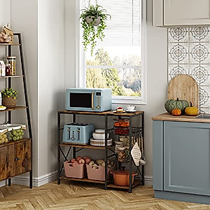 Hoctieon 3 Tier Microwave Oven Shelf, Microwave Storage Kitchen Storage Rack with 4 Hooks, Microwave Stand with 2 Slide-Out Baskets,Kitchen Baker's Rack, Microwave Oven Stand