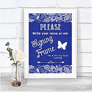 Navy Blue Burlap Lace Signing Frame Guestbook Message Personalized Wedding Sign