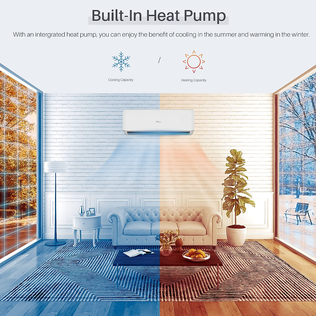 DELLA 12000 BTU Wifi Enabled Mini Split Air Conditioner & Heater Ductless Inverter System, 17 SEER 110-120V Energy Efficient Unit w/ 1 Ton Heat Pump, Cools Up to 550 Sq. Ft. (FZ Series)