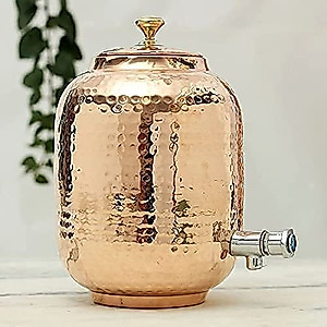 Golden Drops Pure Hammered Copper Water Dispenser with Tap & Stand Matka Water Jug Copper Pot 5 Liter With 2 Copper Hammered Water Glasses, Brown, Dispenser - 5 liter