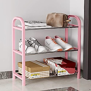 SHELAKET 3-Tier Small Shoe Rack, Lightweight 5-7 Pairs Shoe Shelf Storage Organizer,Sturdy Metal Standing Narrow Shoe Shelf for Closet Entryway Hallway(Pink)