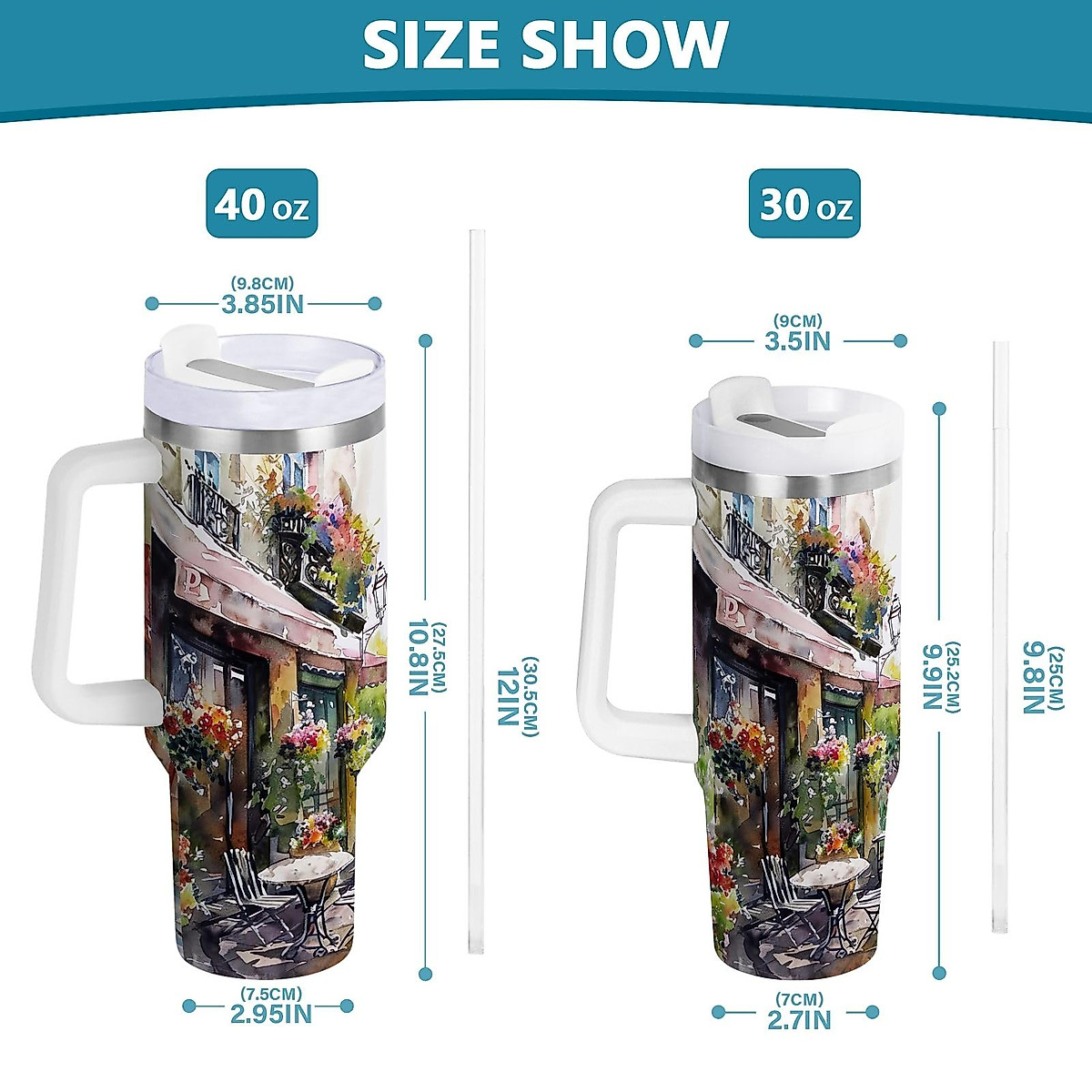 ODAWA Eiffel Tower Florist Cafe 30 Oz Travel Tumbler with Lid and Straw Travel Coffee Mug