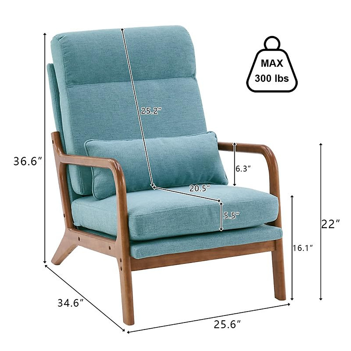 High Back Accent Chairs for Living Room Arm Chair Mid-Century Modern Chair w/ Pillow,Single Lounge Armchair Comfy Reading Chair for Bedroom,Apartment,Dorm, Office,Supports 330 Lbs,Easy Assembly,Teal