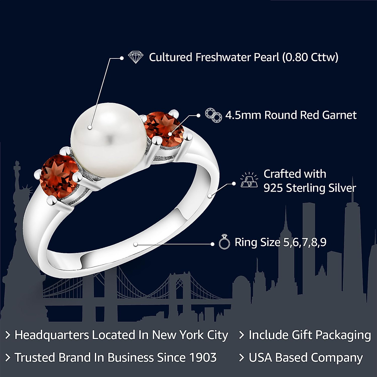 Gem Stone King 925 Sterling Silver Freshwater Pearl and Red Garnet Ring For Women (0.80 Cttw, Gemstone January Birthstone, Size 7)