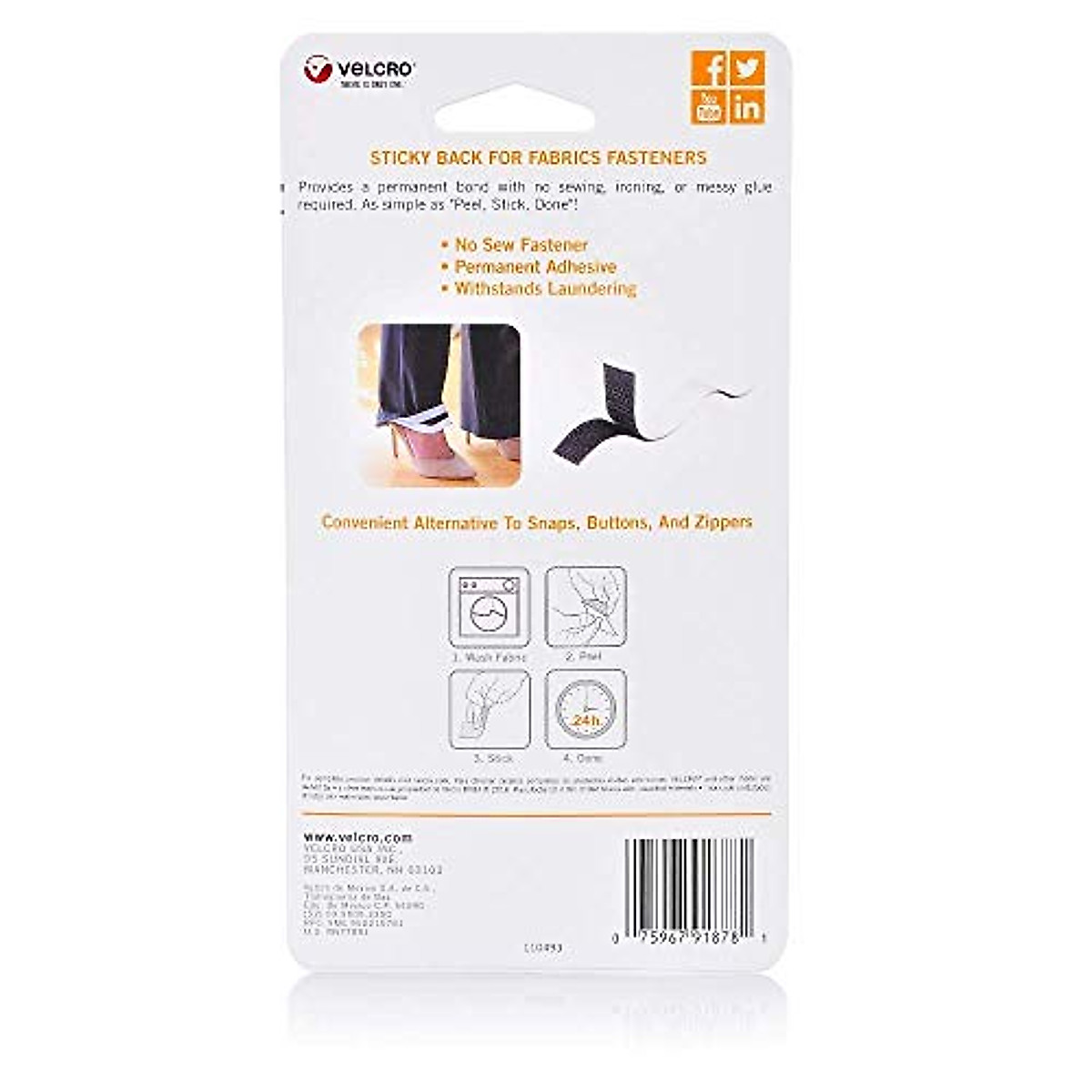 VELCRO Brand Sticky Back for Fabrics | 24" x 3/4" Tape with Adhesive | No Sewing Needed | Cut Strips to Length Permanent Bond to Clothing for Hemming and Closures