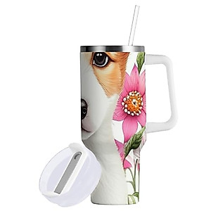 ODAWA Stainless Steel Tumbler Large with Lid and Straw, Puppy Flowers Travel Coffee Tumbler