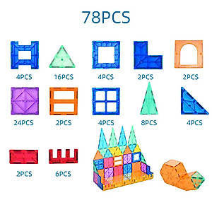 Magnetic Building Tiles, 78pcs Colorful 3D Transparent Magnet Building Blocks Set, Educational Toy Gift for Kids Boys Girls (78PCS)