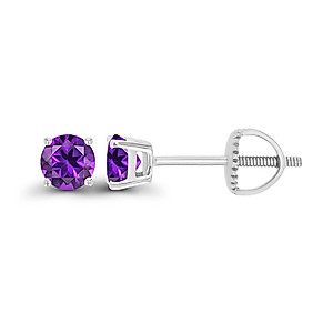 925 Sterling Silver 4mm Round Natural Purple Amethyst February Birthstone Screwback Stud Earrings For Women