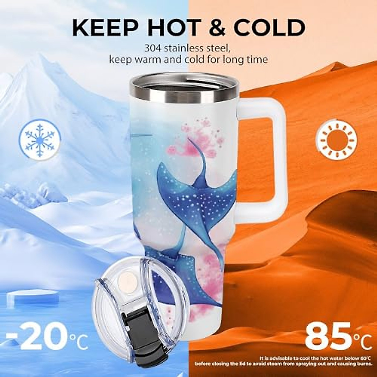 WYUSPGK 40oz Stainless Steel Car Mug, Sea Animals Stingrays Print Travel Mug, Double-Wall Insulated with Straw, Perfect for Car, Office, Outdoor