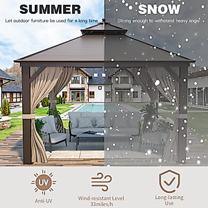 EROMMY 12' x 12' Gazebo, Outdoor Galvanized Steel Roof Hardtop Canopy with Aluminum Frame, Permanent Metal Pavilion with Netting and Curtains, for Patio Backyard Deck and Lawns