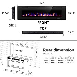 R.W.FLAME 68 inch Recessed and Wall Mounted Electric Fireplace, Ultra Thin and Low Noise,Fit for 2 x 6 Stud, Remote Control with Timer,Touch Screen,Adjustable Flame Color and Speed