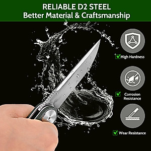 Pocket Knife with D2 Steel Blade, Folding Pocket Knife with Liner Lock, Pocket clip, EDC Knife for Survival, Outdoor and Camping, Gifts for Men