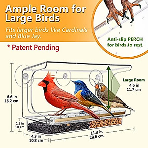 LUJII Shatterproof Window Bird Feeder with Strongest Suction Cups, Polycarbonate Window Mount Feeder with Crystal Clear View & Life-Out Tray, Fits Bigger Birds Like Cardinal or Blue Jay, Clear