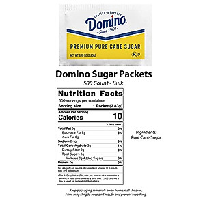 Domino Pure Cane NON-GMO Granulated Sugar, 0.10 Ounce (2.83 Gram) Packets, Pack of 500 in Dispenser Box