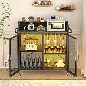 Cyclysio Sideboard Buffet Cabinet with Power Outlets, Wine Bar Cabinet with LED Lights Kitchen Storage Cabinet Modern Accent Buffet Cabinet with Door for Bedroom, Living Room, Kitchen, Office Black