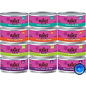 Rawz Natural Premium Canned Cat Wet Food Shredded -12 Pack Chicken Variety Bundle - 4 Flavors - (Chicken & Duck, Chicken & Liver, Chicken & Pumpkin, Chicken) with Hotspot Pets Food Bowl - (3oz Cans)