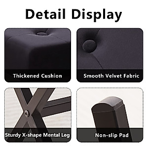 Cpintltr Velvet Ottoman Footrest Stool Tufted Vanity Stool Ottomans Thickened Cushion Footstool Mulifunctional Shoe Changing Seat Step Stools with Metal X Leg for Living Room Bedroom Black