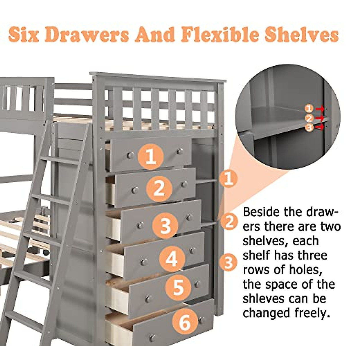 Twin Over Full Bunk Beds with Storage, Wooden L-Shape Bunk Bed Frame with 6 Drawers and Flexible Shelves, Bottom Platform Bed with Wheels can Movable, No Box Spring Needed (Grey)