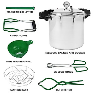 24qt Pressure Canner and Cooker Kit | Complete 7pc Canning Supplies Starter Set | Induction Pot, Gauge, Funnel, Jar Lifter, and Much More | Including Built In Safety Features