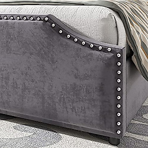 AMERLIFE King Size Bed Frame with 4 Storage Drawers and Headboard, King Velvet Upholstered Platform Bed with Rivet Curved Adjustable Headboard/Strong Wooden Slats/Easy Assembly/Grey