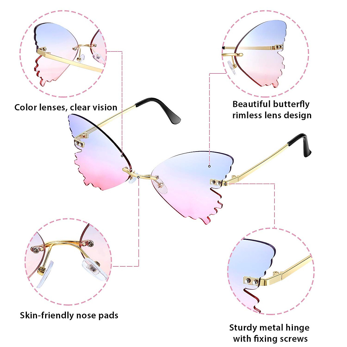Weewooday 2 Pairs Butterfly Sunglasses Butterfly Rimless Sunglasses Butterfly Glasses Eyewear for Women Men (Grey, Pink and Blue)
