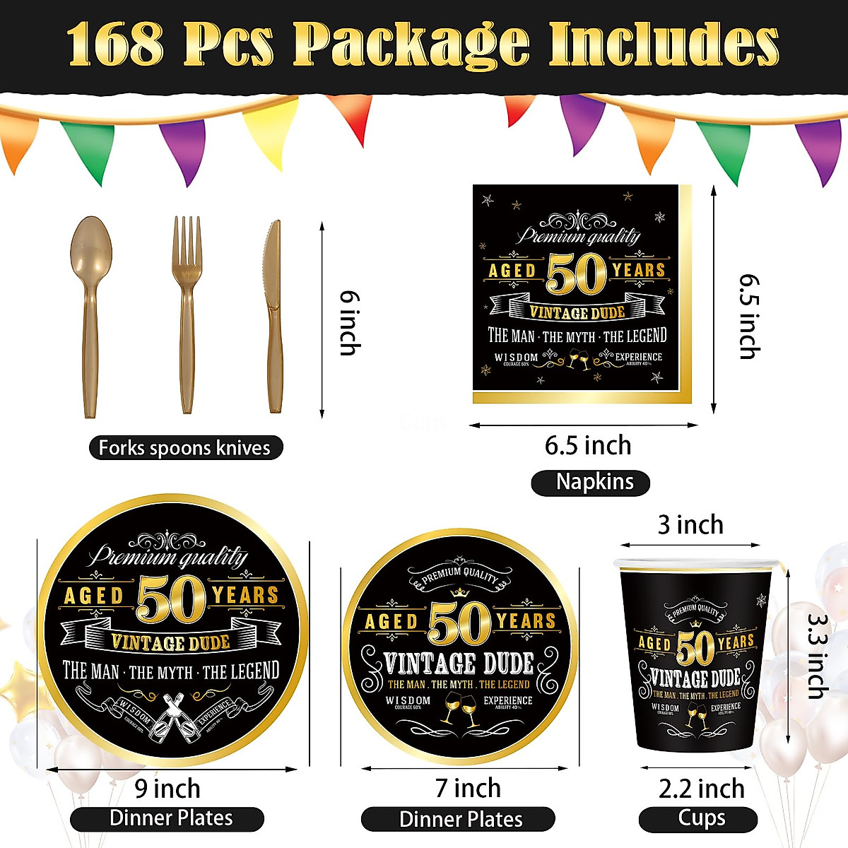 168 Pcs Vintage 50th Party Tableware Set, Black Gold Vintage Happy 50 Birthday Tablecloth 24 Guests Dinner Plates Dessert Plate Cup and Napkins for Men Cheers 50th Theme Birthday Party Supplies