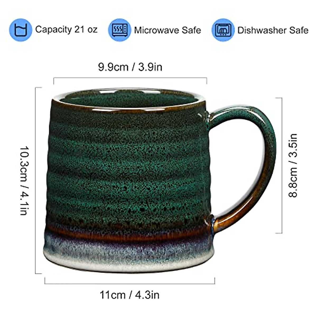 Otevymu 18 Oz Large Ceramic Coffee Mug, Big Handmade Pottery Tea Cup for Office and Home, Big Handle Easy to Hold, Microwave and Dishwasher Safe, Stylish Texture Glaze (Ink Green)