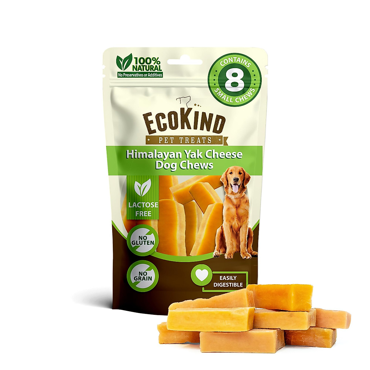 EcoKind Premium Gold Yak Cheese Himalayan Dog Chews, Healthy Dog Treats, Yak Chews for Small Dogs, All Natural, Long Lasting Dog Chew for Aggressive Chewers, High Protein Puppy Treat, Small - 8 Chews