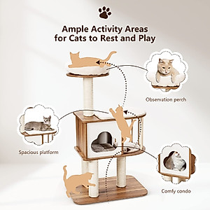 PETSITE 46 Inches Wood Cat Tree for Indoor Cats, Modern Cat Tower with Scratching Posts, Cat Condo and Detachable & Washable Cushions, Multi-Level Cat Tree for Large Cats (Natural)