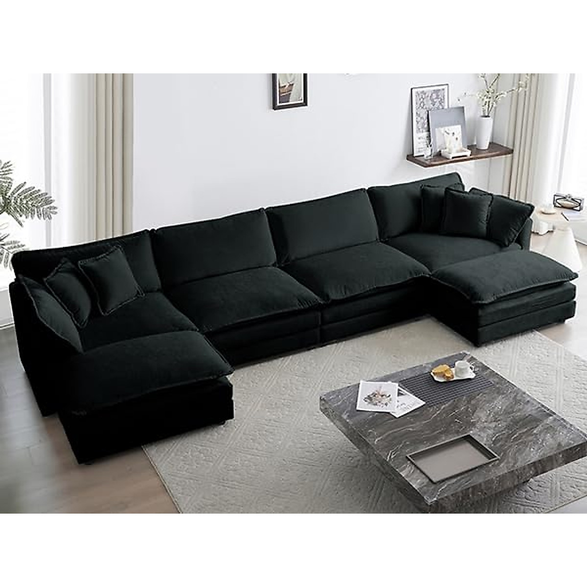 GNIXUU 146“ Oversized Modular Sectional Sofa Cloud Couch for Living Room, Modern Chenille Large U Shaped Couch, Comfy Deep Seat Couch with Reversible Chaise & Cushions(6 Seater, Black)