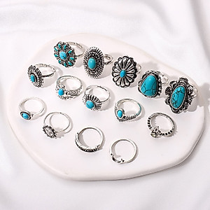 BVGA 40 Pcs Vintage Turquoise Rings for Women Bohemian Silver Oval Gemstone Rings Western Rings Boho Joint Knuckle Rings Midi Stacking Rings Set Gifts