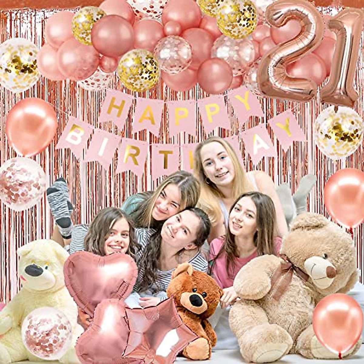 21st Birthday Decorations for Her, Happy Birthday Banner, Rose Gold Fringe Curtain, Heart Star Foil Confetti Balloons, Hanging Swirls for Women Girls 21st Rosegold Birthday Party Supplies