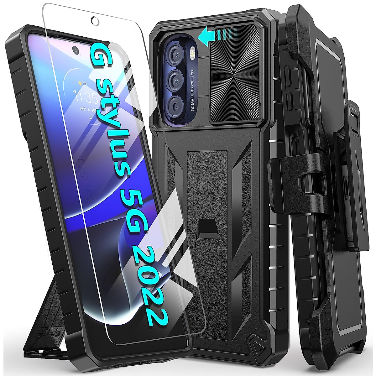for Motorola Moto G-Stylus 5G-2022 Case: Military Grade Drop Proof Protection Rugged Protective Cell Phone Cover with Belt Clip Holster Kickstand & Slide |Shockproof TPU Matte(Belt-Clip Black)