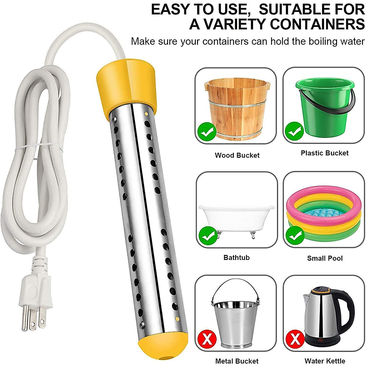 Memoryee Immersion Water Heater Portable Electric Stainless-Steel Heaters with Guard CoverSubmersible Home Instant Water Heater with and for Travel Camping Hot Bathtub Mini Inflatable Pool