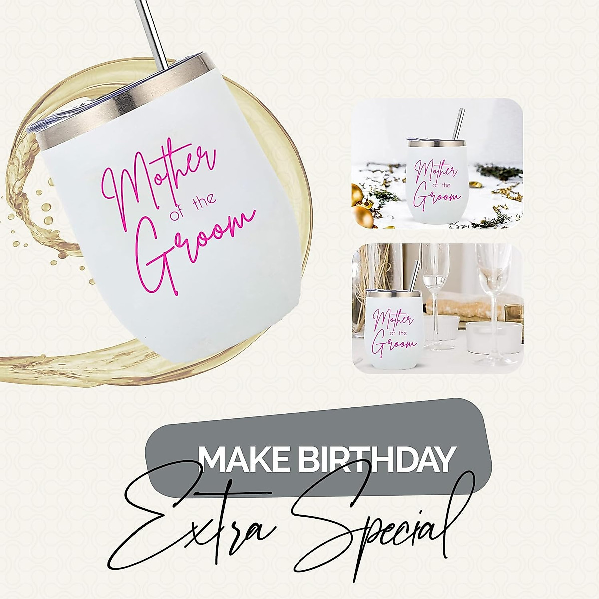 Your Dream Party Shop Mother of The Groom Gifts, Stainless Steel 12oz Wine Tumbler with Lid and Straw! Great Mother of the Groom Tumbler Or Mug