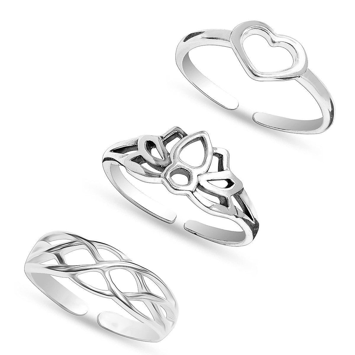 LeCalla 3 Pcs 925 Sterling Silver Heart Infinity Celtic Knot Cute Flower Ring Open Adjustable Toe Rings for Women