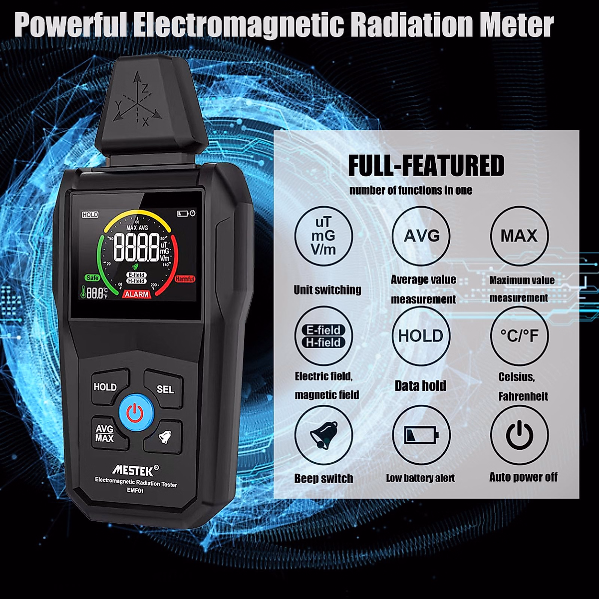 Sutlumisi EMF Meter - Digital Electromagnetic Field Radiation Detector, Hand-Held Digital Digital LCD EMF Detector, Great Tester for Home EMF Inspections, Office, Outdoor, Ghost Hunting